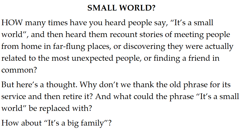Small World? | Arts, reviews & current affairs